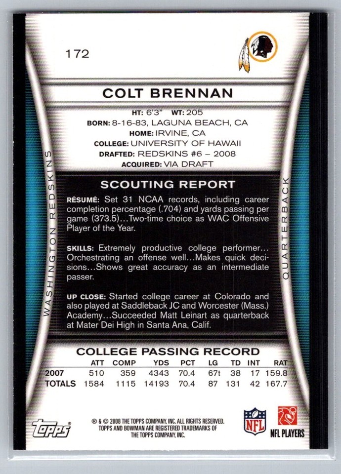 2008 Bowman #172 Colt Brennan Rookie $$$ | eBay