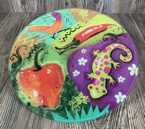 Gecko Lizard Glass Cutting Board Round 9.75" Red Bell & Chili Pepper ...