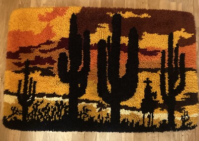 Vtg Latch Hook Rug 70s Lg Yellow Orange Saguaro Cactus Cowboy Horse ...