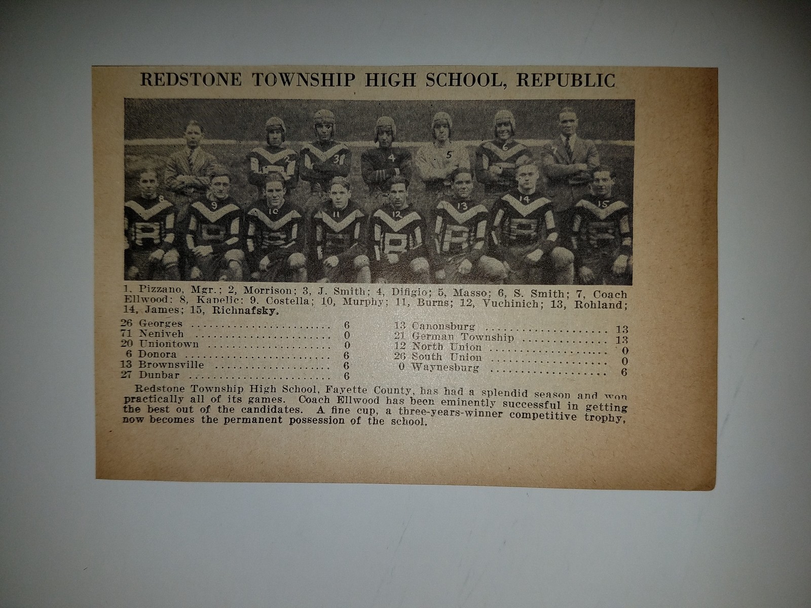 Redstone Township Republic Pennsylvania High School 1928 Football Team ...