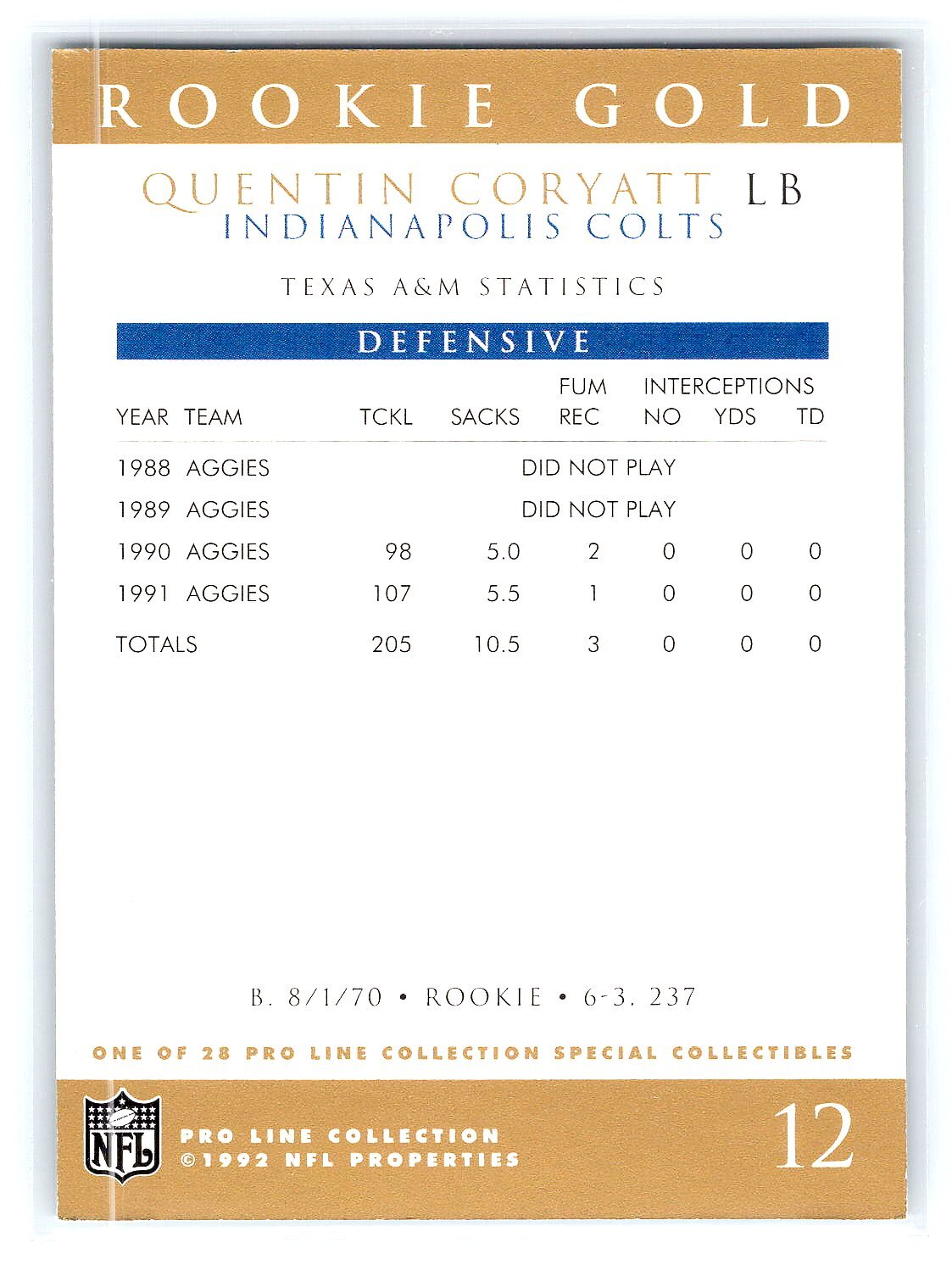 1992 Pro Line Portraits Football #12 Quentin Coryatt Rookie Gold ...