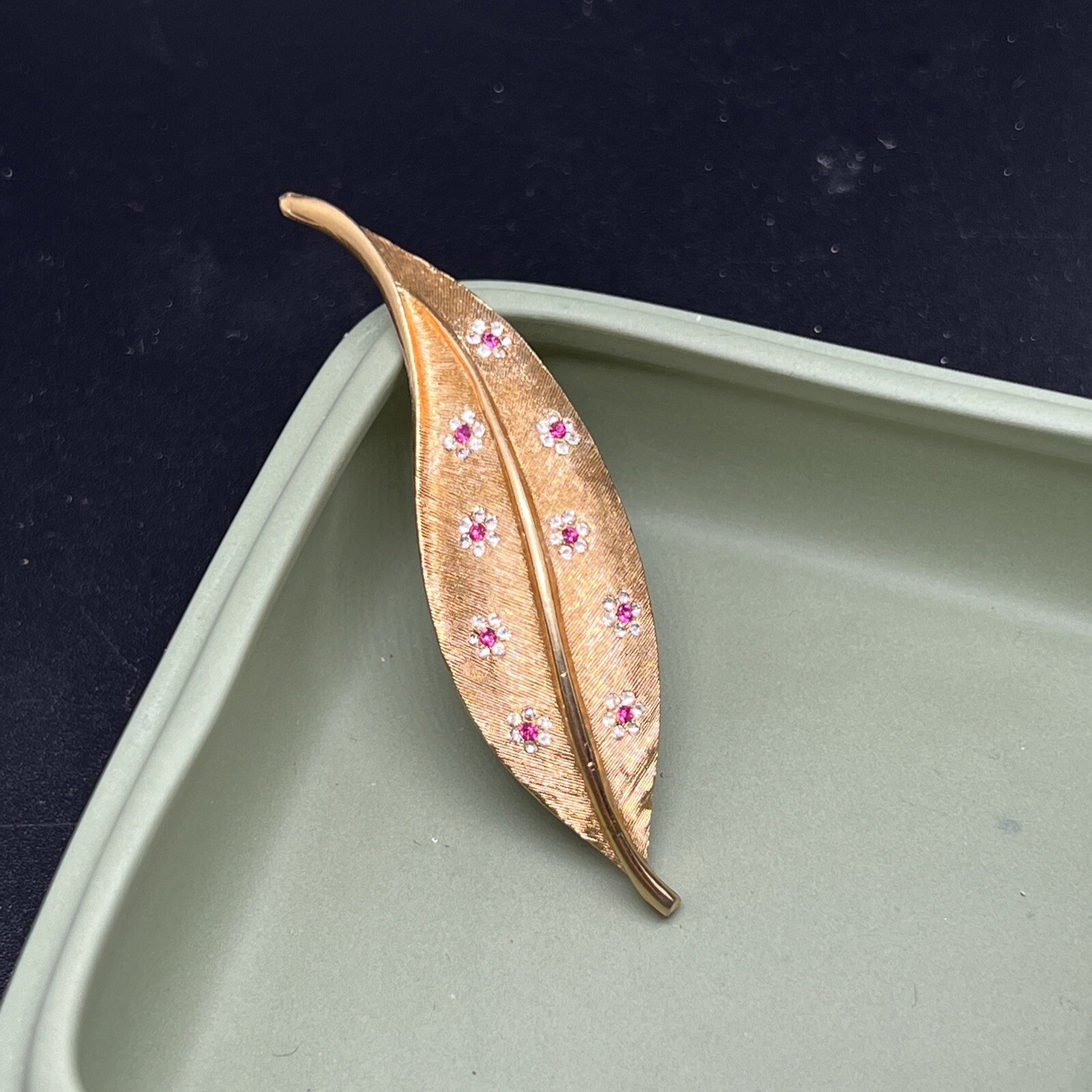 Vintage BSK Gold Tone Clear Pink Rhinestone Leaf Pin … - Gem