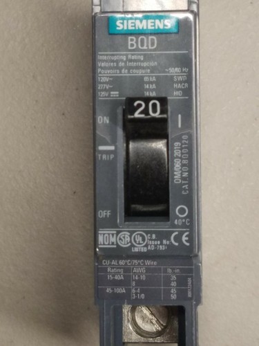 Siemens BQD120 20-Amp Single Pole 277V AC / 125V DC 14KAIC Bolt in ...
