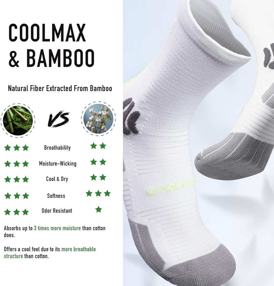 BRISIRA Coolmax Bamboo Viscose Compression Running Socks, 9-13, 3 Pairs ...