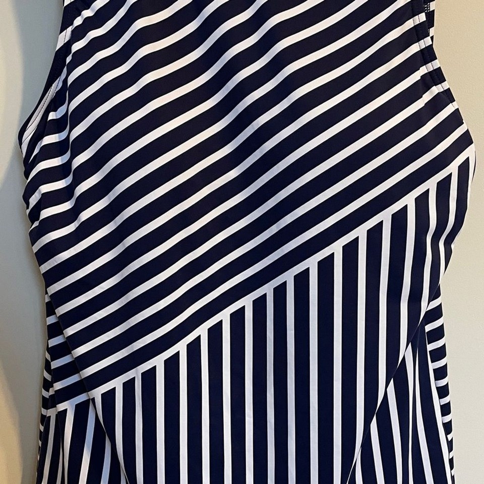 Lands’ End Navy Stripe Swim Tank Top 14L Built-In Bra UPF Lycra Xtra ...