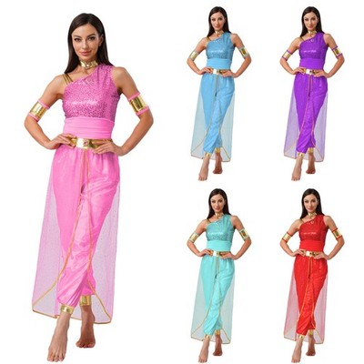 Women Arab Princess Costume Shiny Tulle Jumpsuit with Gem Decor ...
