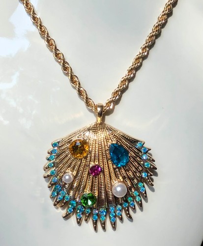 Natasha Scallop Sea Shell Pendant Necklace, Colored Stones, Gold-Tone ...