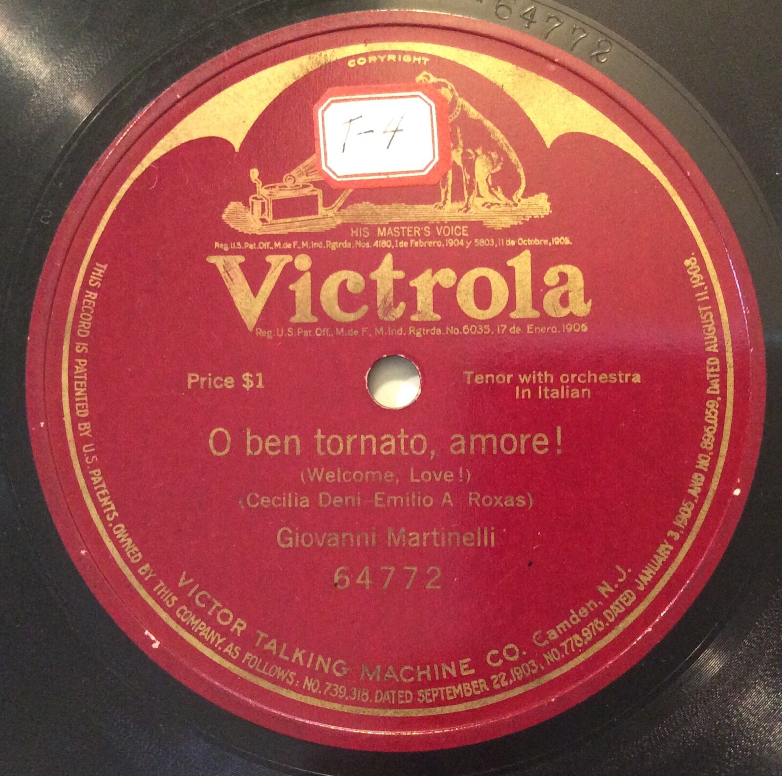 Giovanni Martinelli – 78 rpm Victor 64772: ROXAS O ben tornato amore; V ...