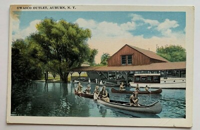 NY Postcard Auburn New York Owasco Outlet women canoes boats building ...