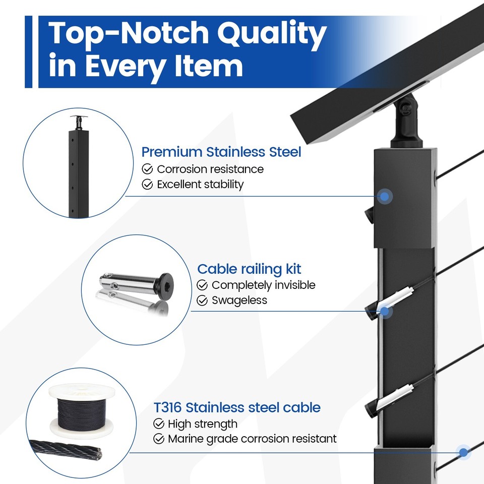 Muzata Complete Set 36" Cable Railing System Kit Fit for 25°-35° Stair ...