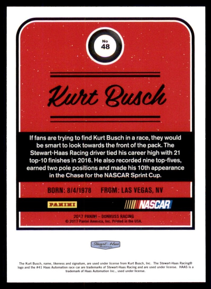 2017 Donruss Racing Base Kurt Busch #48 | eBay