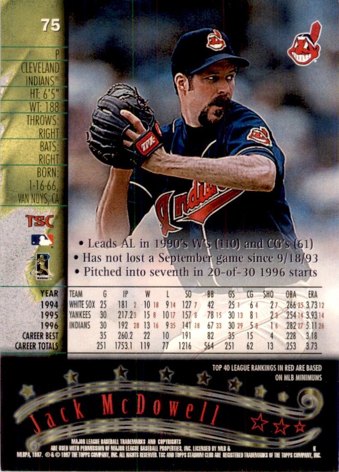 1997 Topps Stadium Club Jack McDowell Cleveland Indians #75 MLB Baseball | eBay