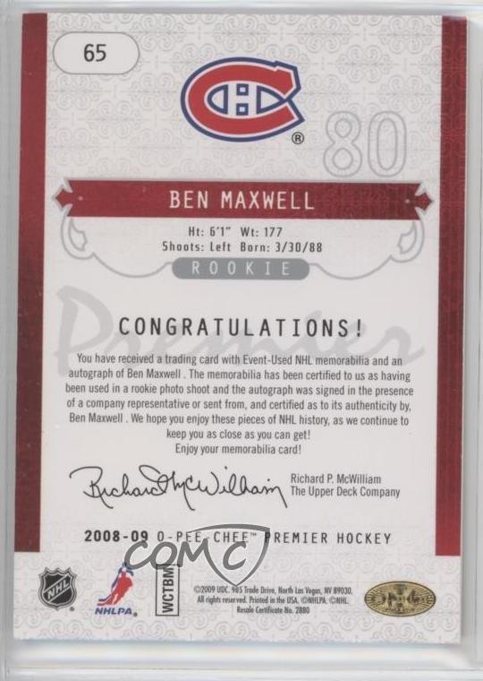 2008-09 O-Pee-Chee Premier /299 Ben Maxwell #65 Rookie Auto RC | eBay
