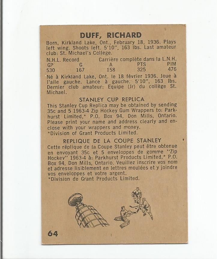 1963-64 RICHARD DUFF PARKHURST HOCKEY CARD #64 "NICE CARD" | eBay