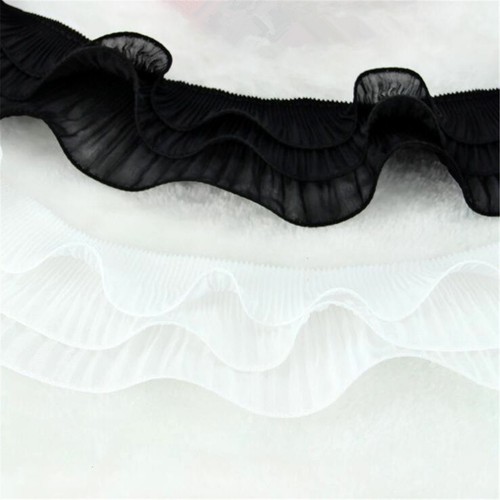 2 Yards Vintage 3-layer Gathered Lace Edge Trim Elastic Pleated Ruffle ...
