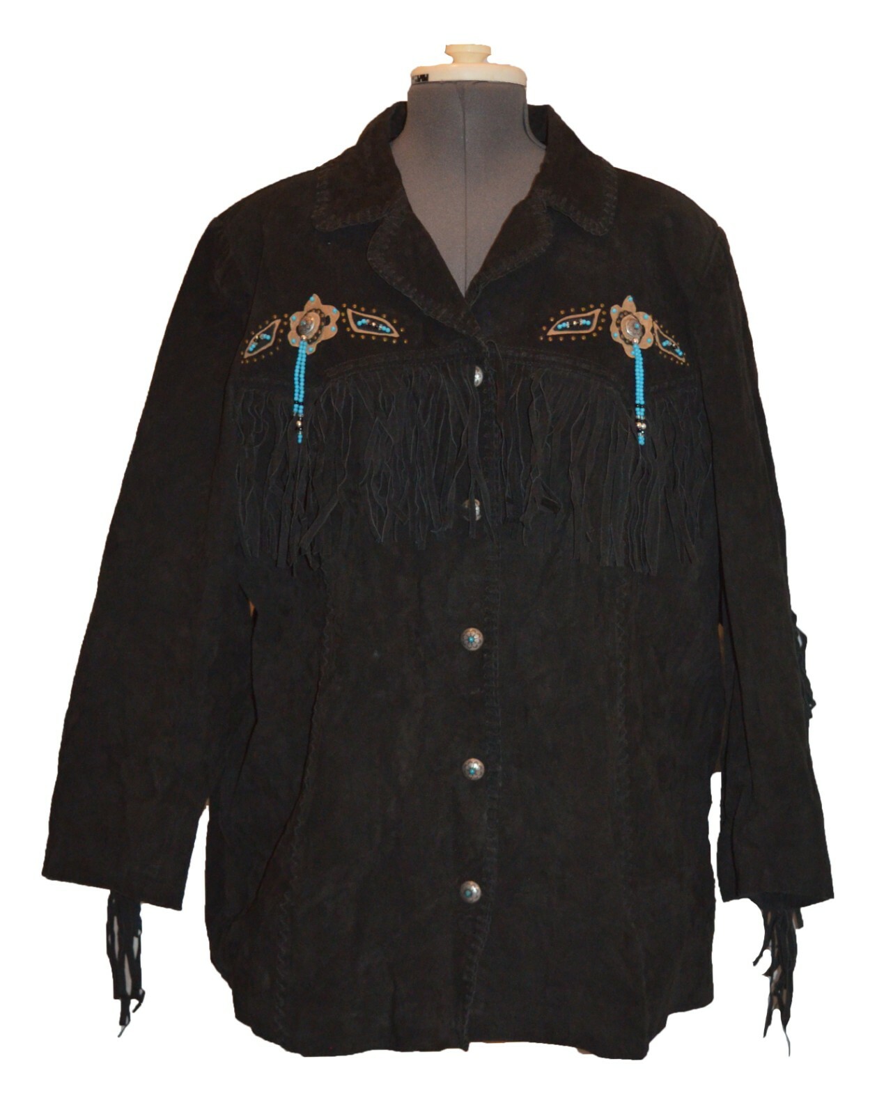 Via Accenti Black Suede Leather Beaded Fringe Southwestern Jacket size ...