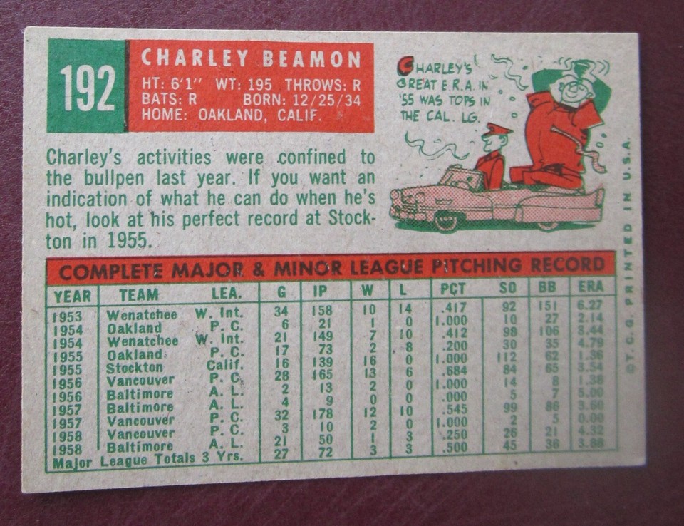 1959 Topps Charley Beamon (Baltimore Orioles) #192 EX/NRMT | eBay