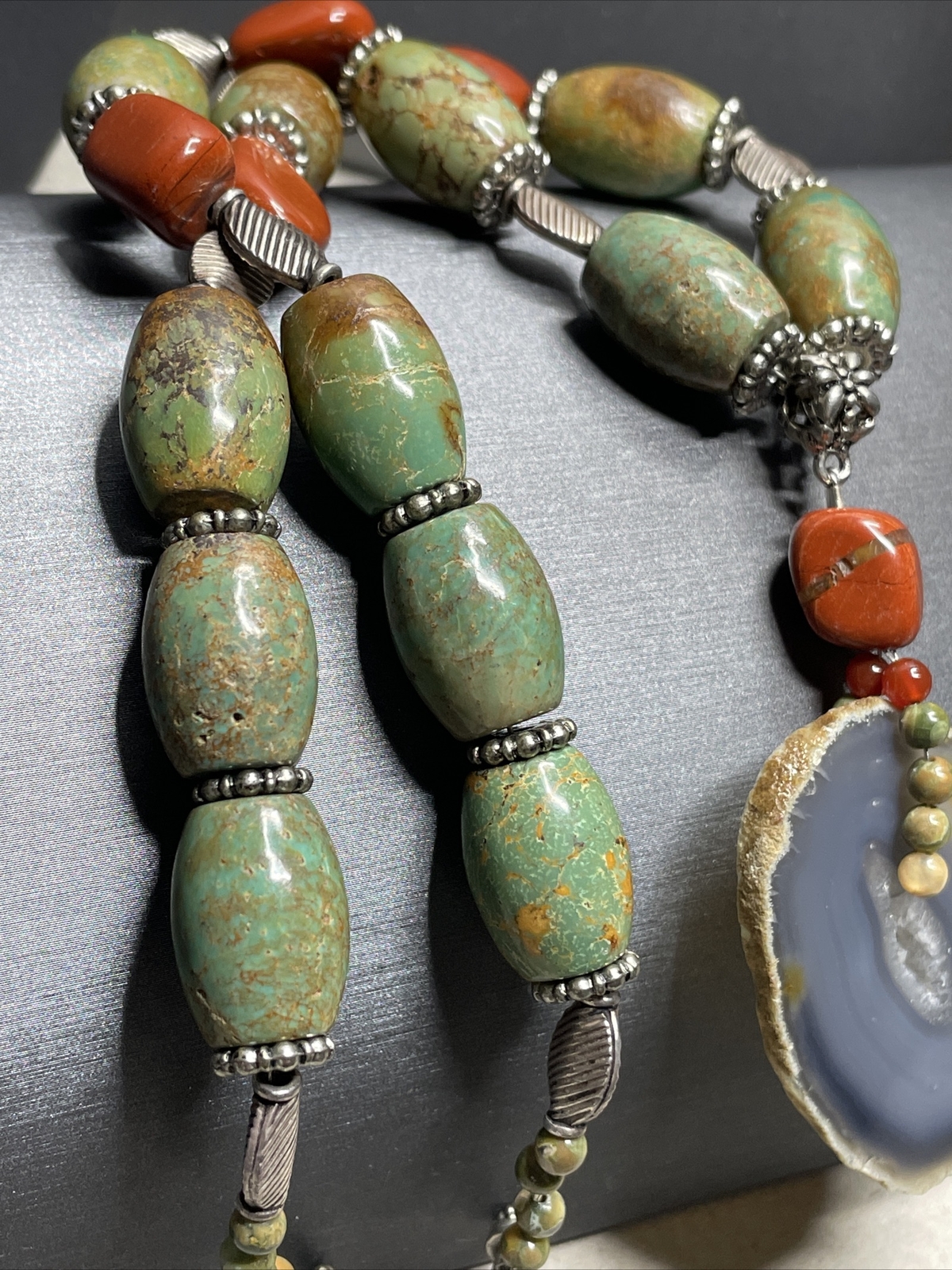 Red Jasper & Agate Slice Pendant 20” Necklace Natural Stone & Ceramic ...