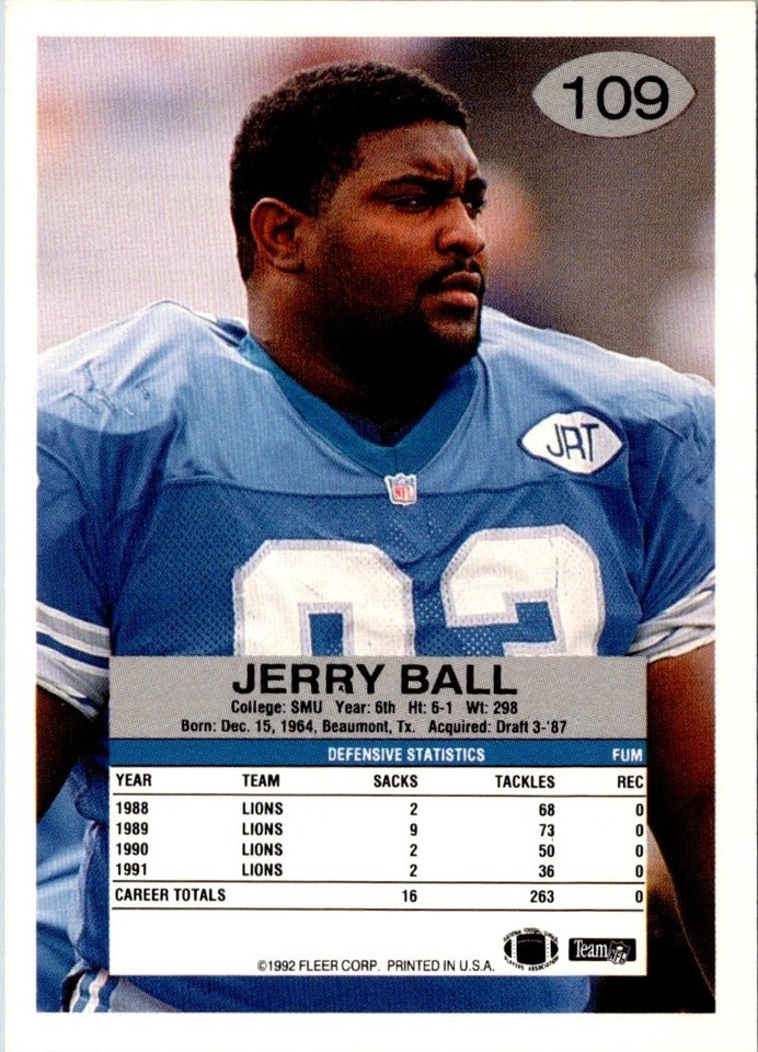 1992 Fleer Jerry Ball #109 Detroit Lions Football Card | eBay