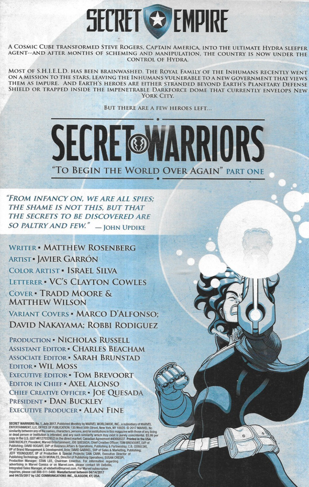 Secret Warriors Comic 1 First Print Cover A Moore 2017 Rosenberg Garron ...