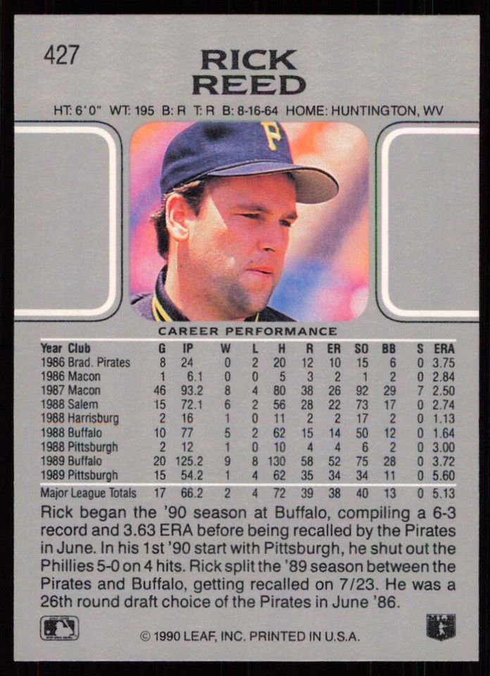 1990 Leaf Rick Reed Rookie Pittsburgh Pirates #427 | eBay