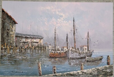 W. Jones Oil Painting Harbor Scene Ships Boat Dock Nautical 36"x24" | eBay