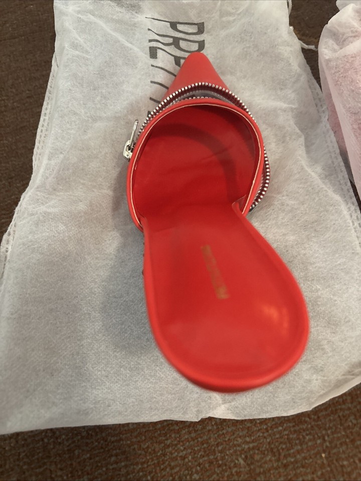 Red Pointy toe vinyl stiletto heeled mule with zipper detail. | eBay