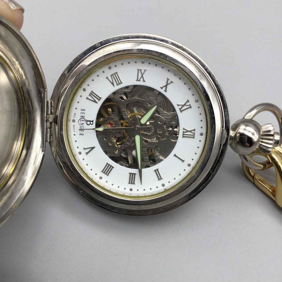 Berenger Skeleton Pocket Watch Manual Wind 17 Jewels Silver Gold Tone ...