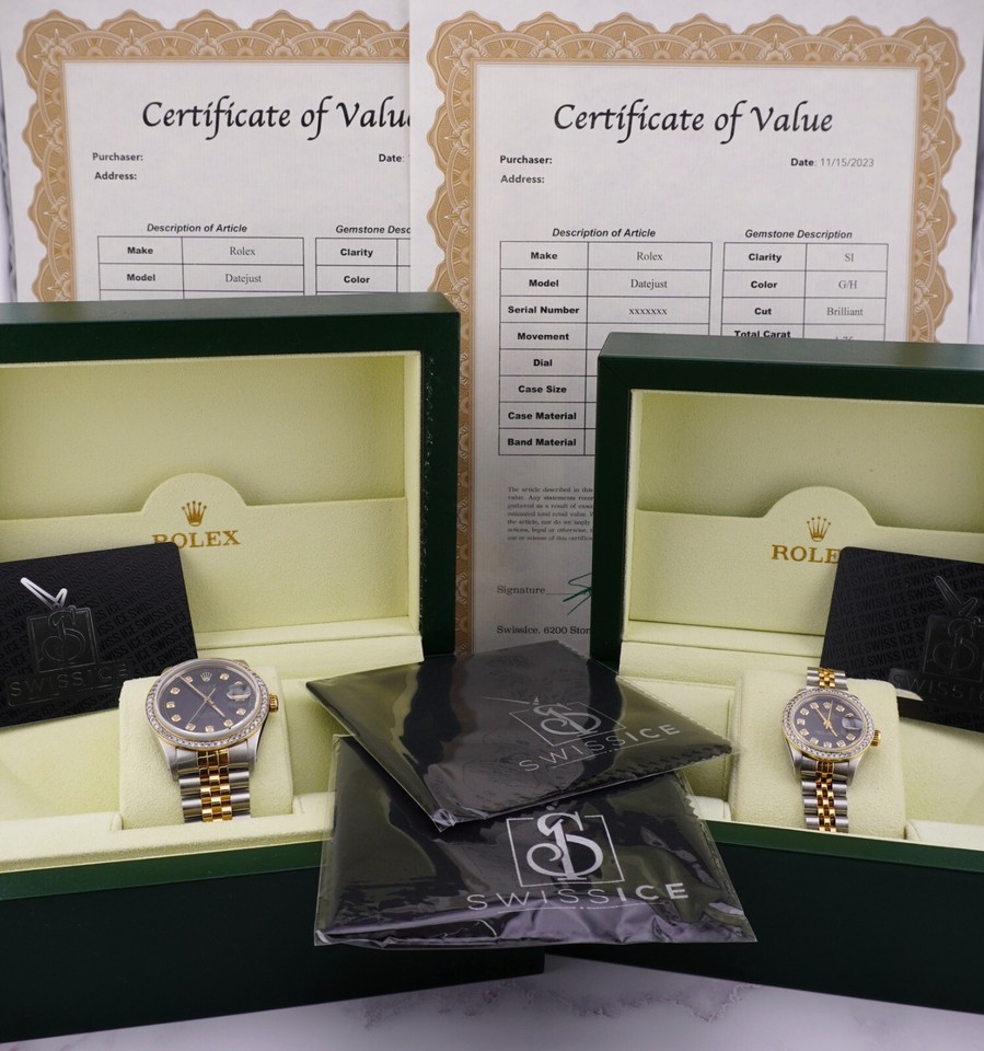 Rolex SET Datejust 26/36mm 18k Yellow Gold & Steel ICE 1.50ct Diamond ...