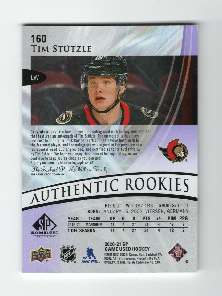 2020-21 UD SP Game Used /65 TIM STUTZLE Purple Autograph Jersey Auto RC ...