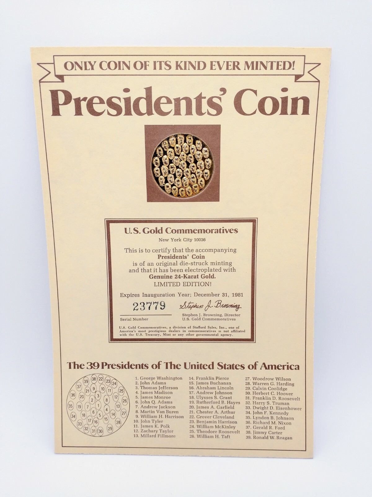 1981 THE 39 PRESIDENTS OF THE UNITED STATES Coin U.S. Gold-Plate ...