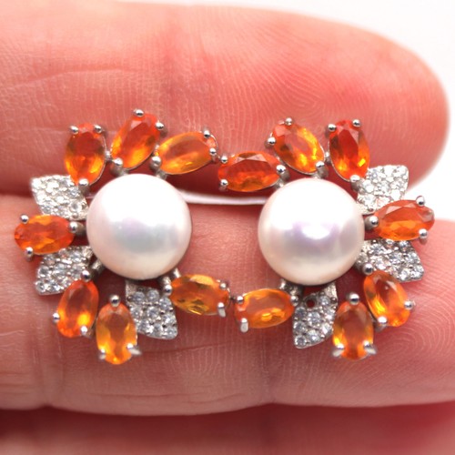 8 MM. White Pearl, Fire Opal & Cubic Zirconia Earrings 925 Sterling ...