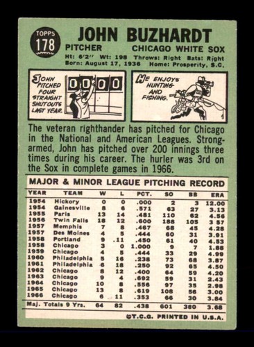 1967 Topps #178 John Buzhardt VG/VGEX X3074093 | eBay