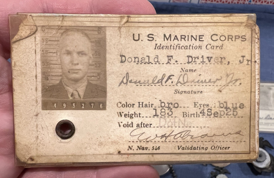 WWII USMC Dog Tag, ID Card Grouping 1943-46, 4 Tags, Cert of Service ...