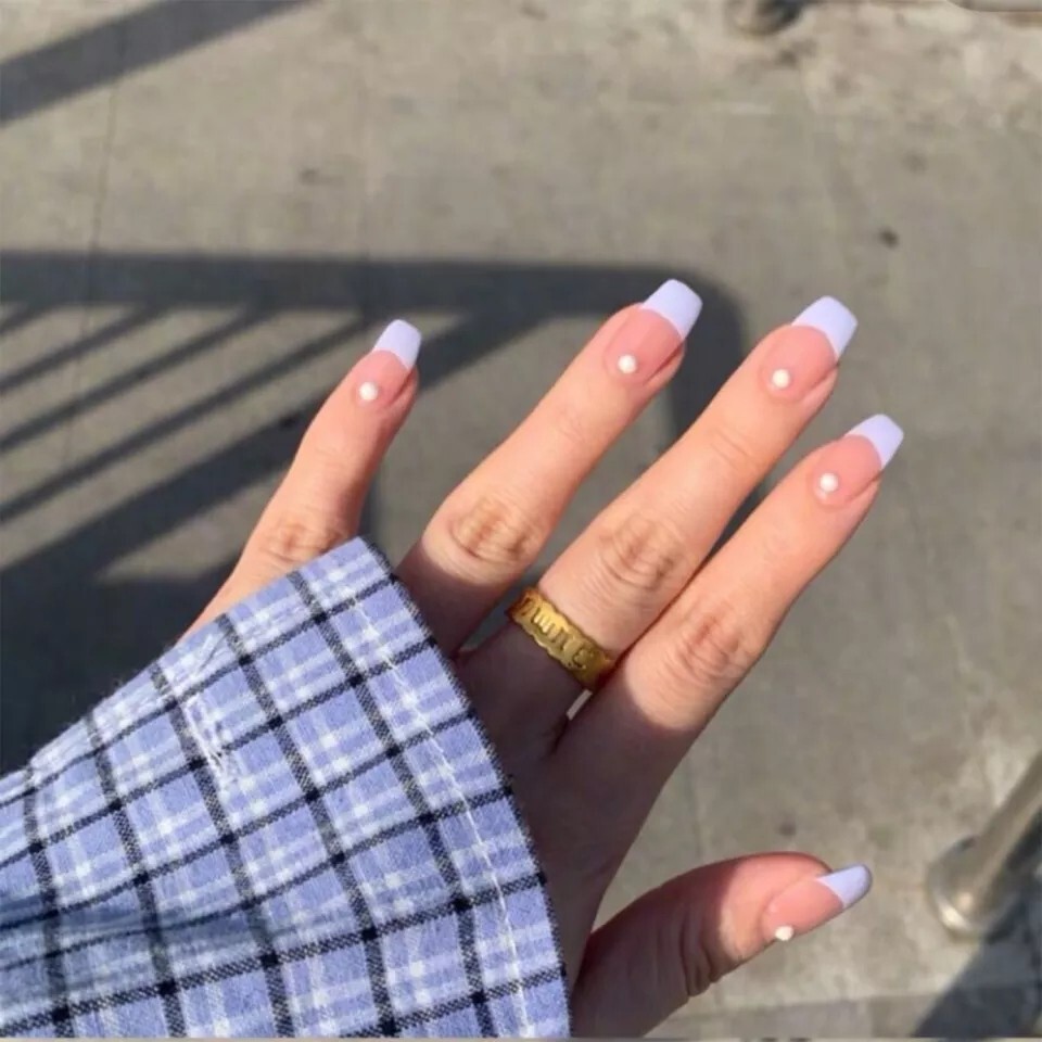 24 Short Press on Nails kit w glue Purple French Mani Pearl Nude ...