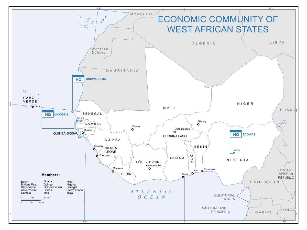 West Africa ECOWAS CEDEAO Political Administrative Waterways Map Poster ...