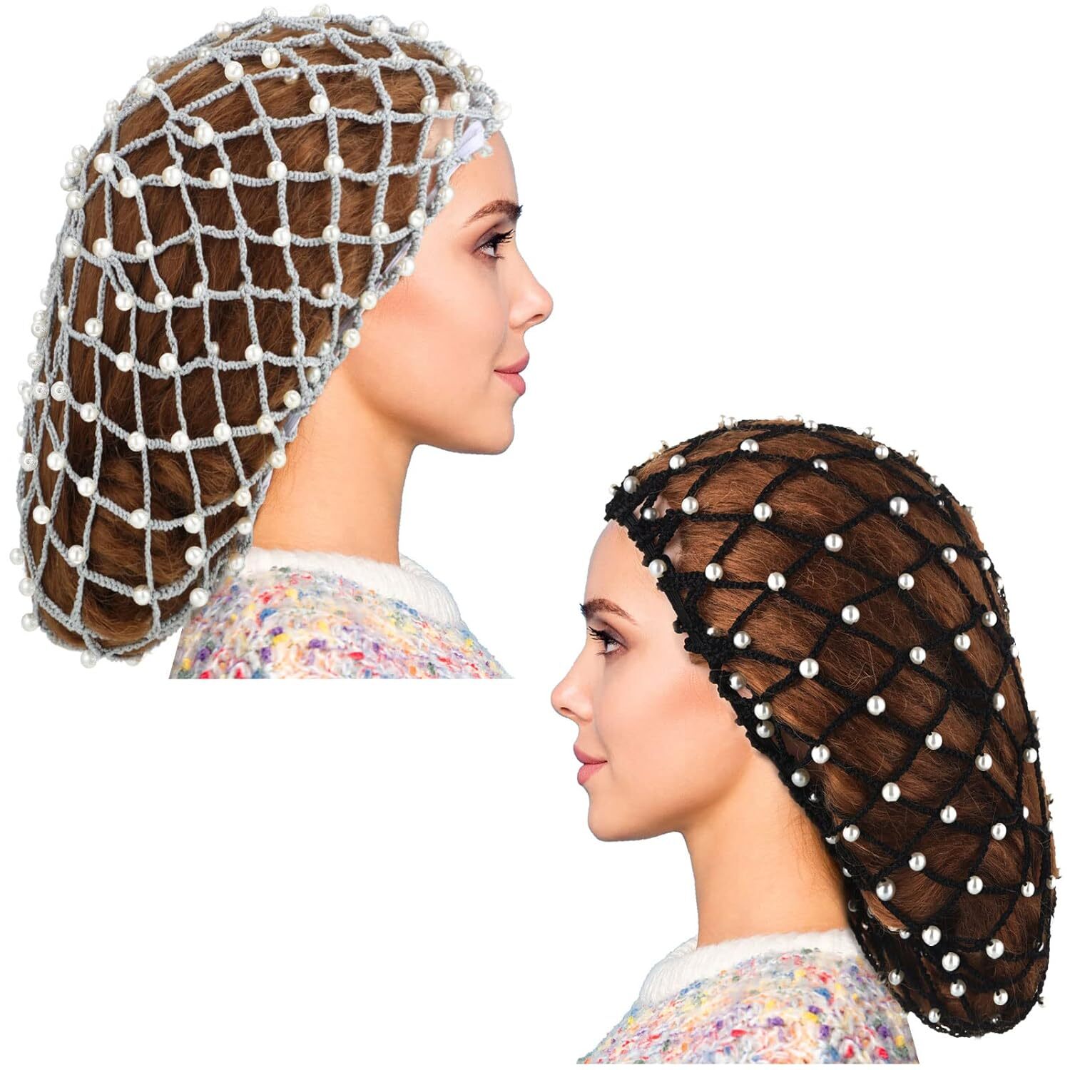 2 Pieces Snoods Women Hair Mesh Crochet Hair Net with Pearl Rayon ...