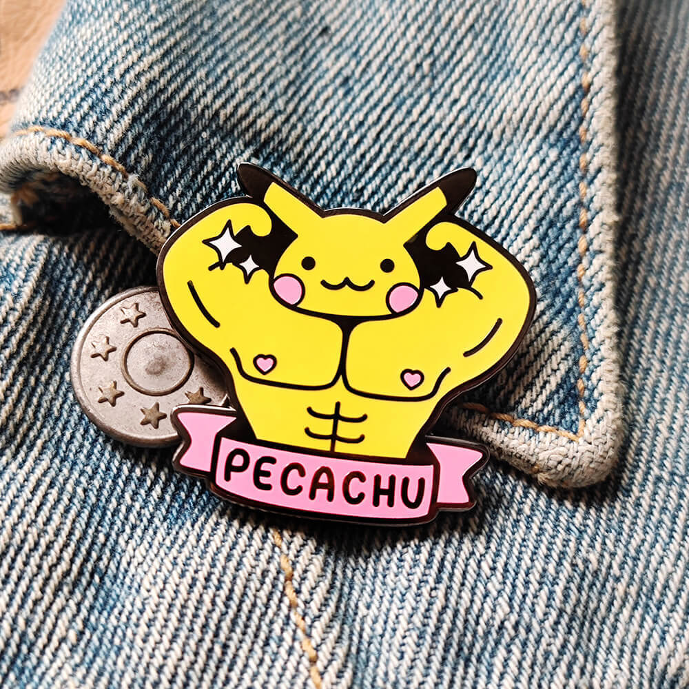 Pokémon spoof Pikachu strong man fitness big muscles Metal Badge Pin ...
