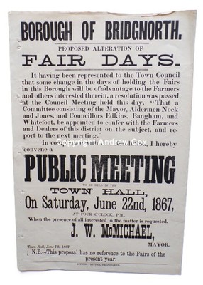 1867 BRIDGNORTH POSTER Moving Fair Days LOCAL FARMERS Public Meeting ...