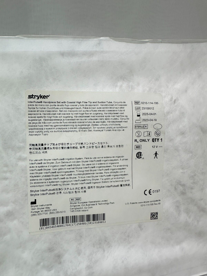 Stryker InterPulse Handpiece Set High Flow Tip and Suction Tube EXP 04/ ...