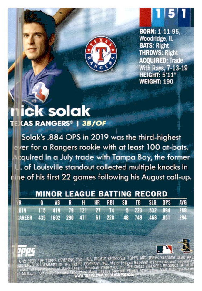 2020 Stadium Club Nick Solak RC 151 | eBay