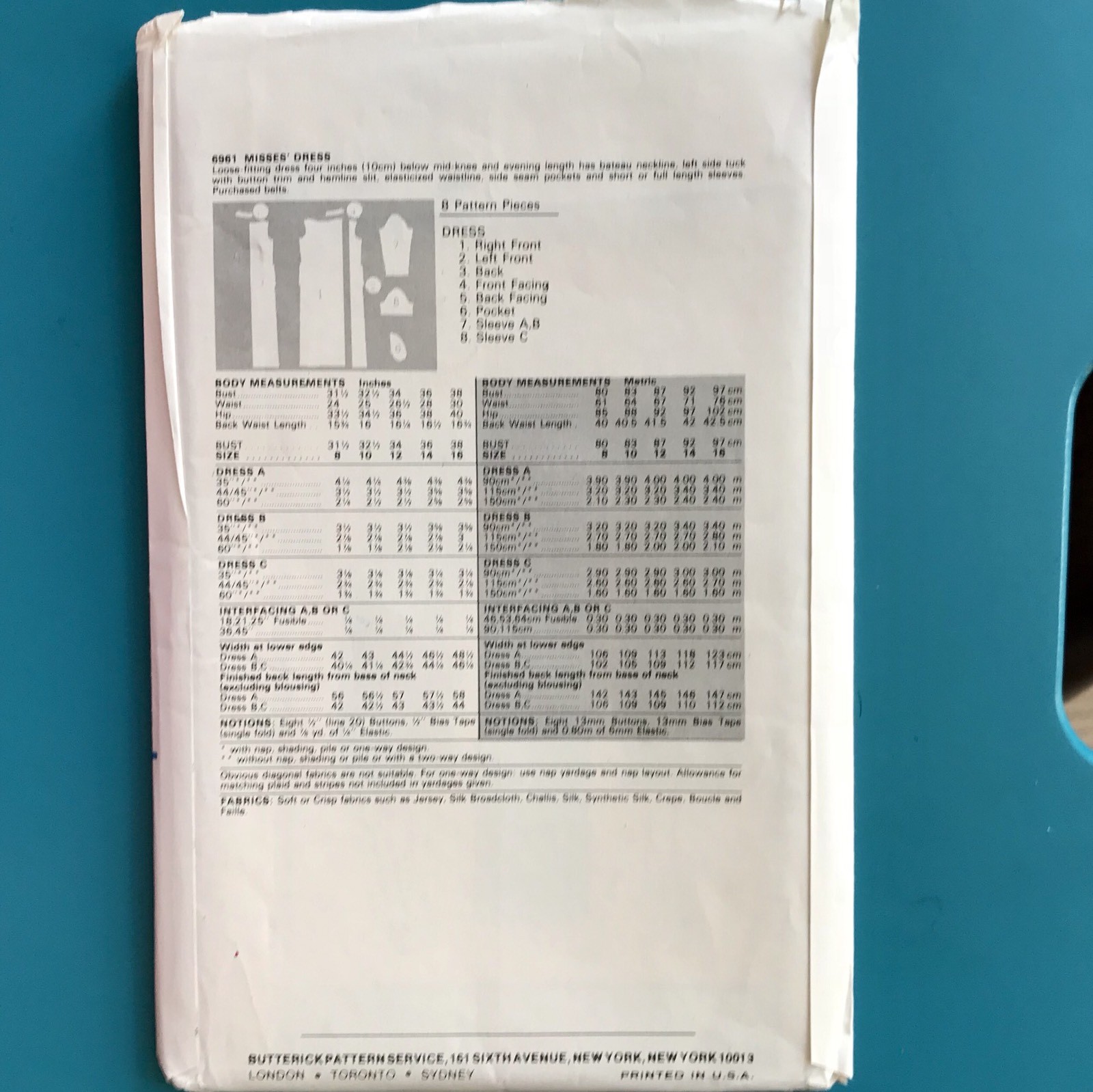 Butterick 6961 Pattern Misses Dress Long or Short Slit 14 Vintage 80s ...