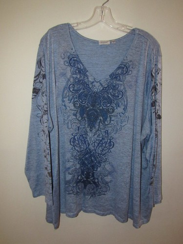 Avenue Womens 30/32 Blue Print Top 3/4 Sleeve Stretch Accents V Neck ...