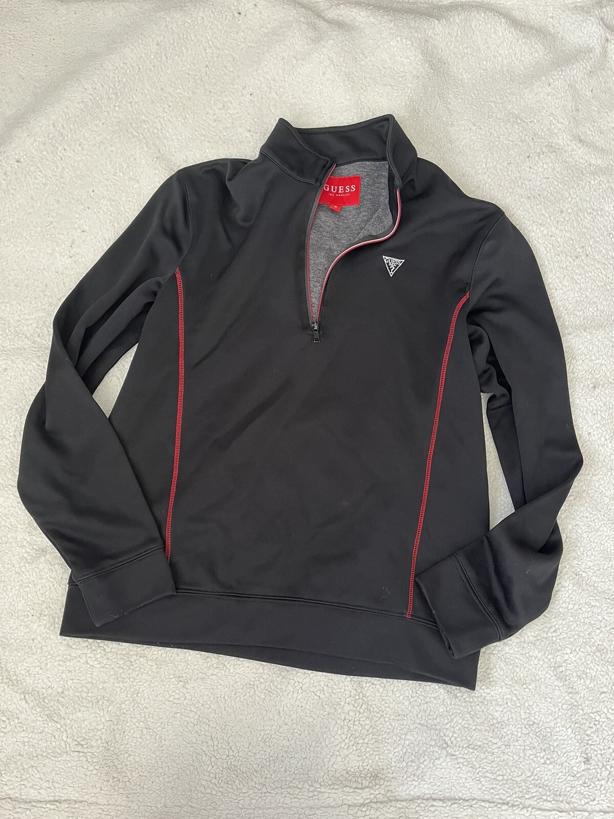 Vintage Guess Fleece Pullover Mens Medium Black Red T… - Gem