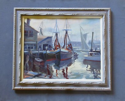 Russ Webster (1904-1984) Large Vintage Gloucester, MA Harbor Scene Oil ...