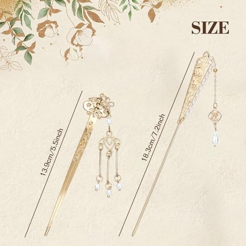 10 Pack Retro Gold Metal Long Hair Sticks Pins with Pearl Jade Dangles ...