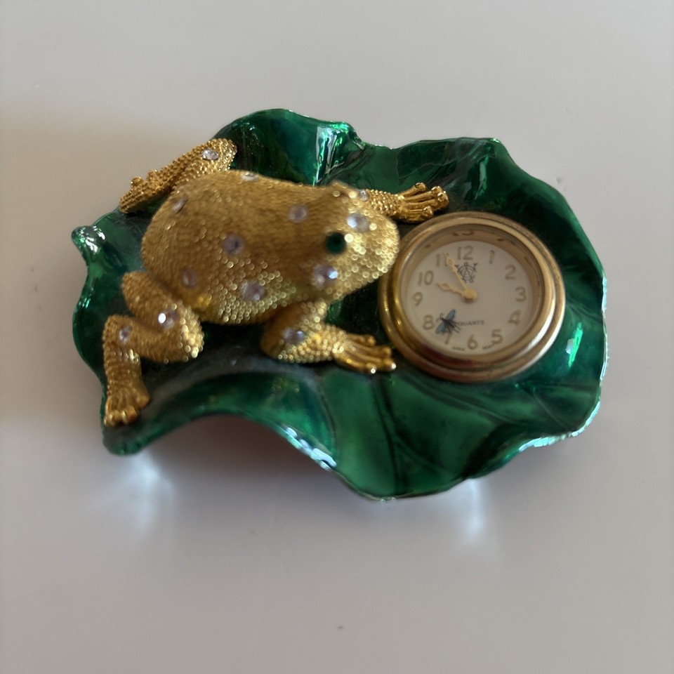 Mini Elgin Gold Frog On Green Lily Pad Desk Clock Bee Second Hand WORKS ...