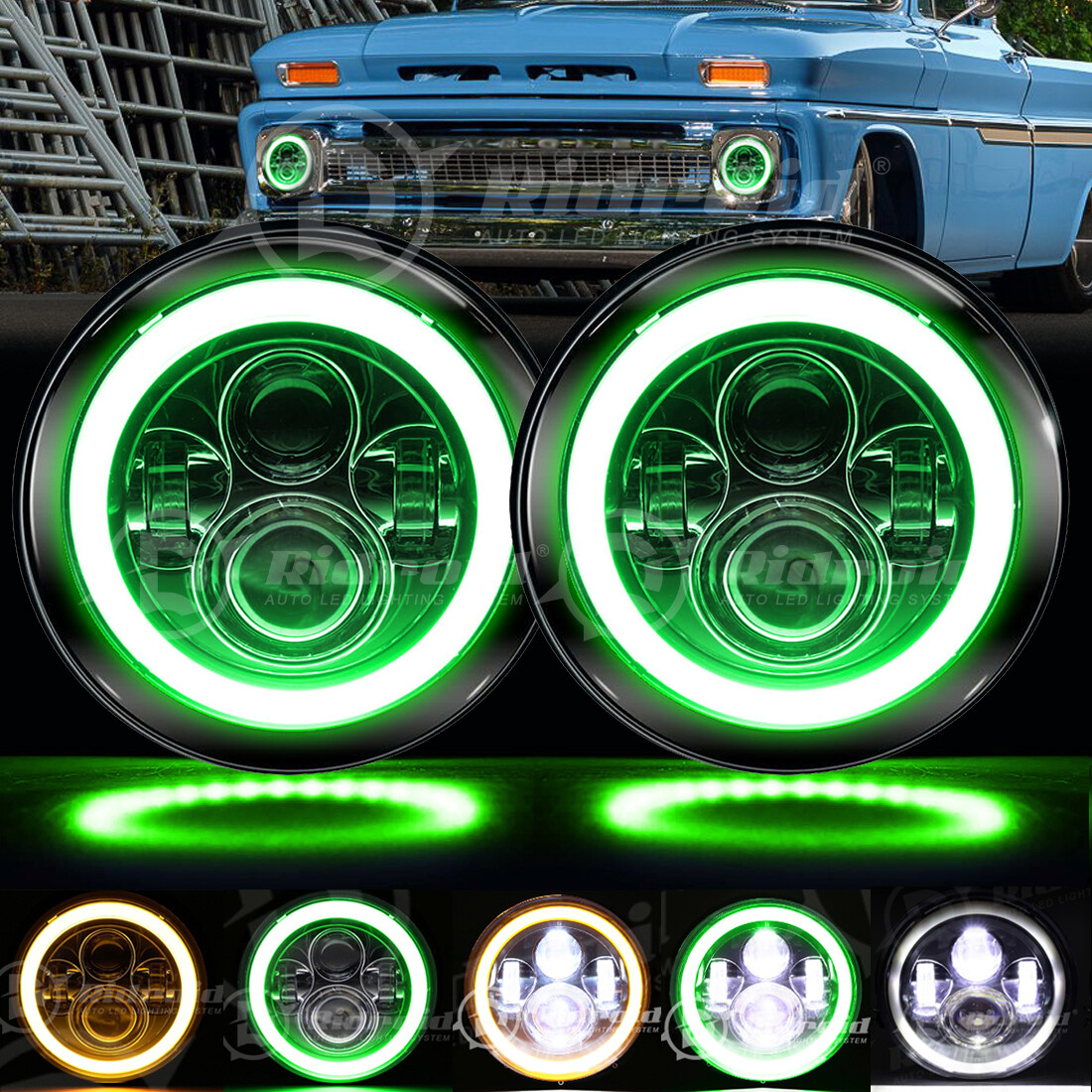 Green Halo Angle Eyes 7" LED Headlights For Chevy C10 C20 C30 Pickuop ...