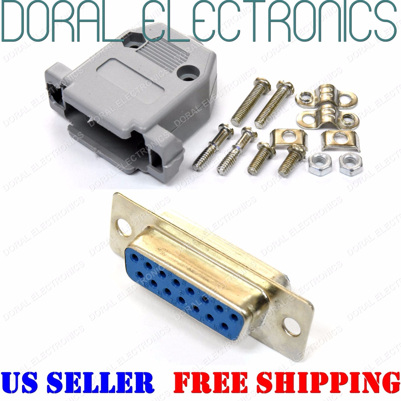 DB15 15-Pin Female Solder Cup Connector & Plastic Hood Shell & Hardware ...
