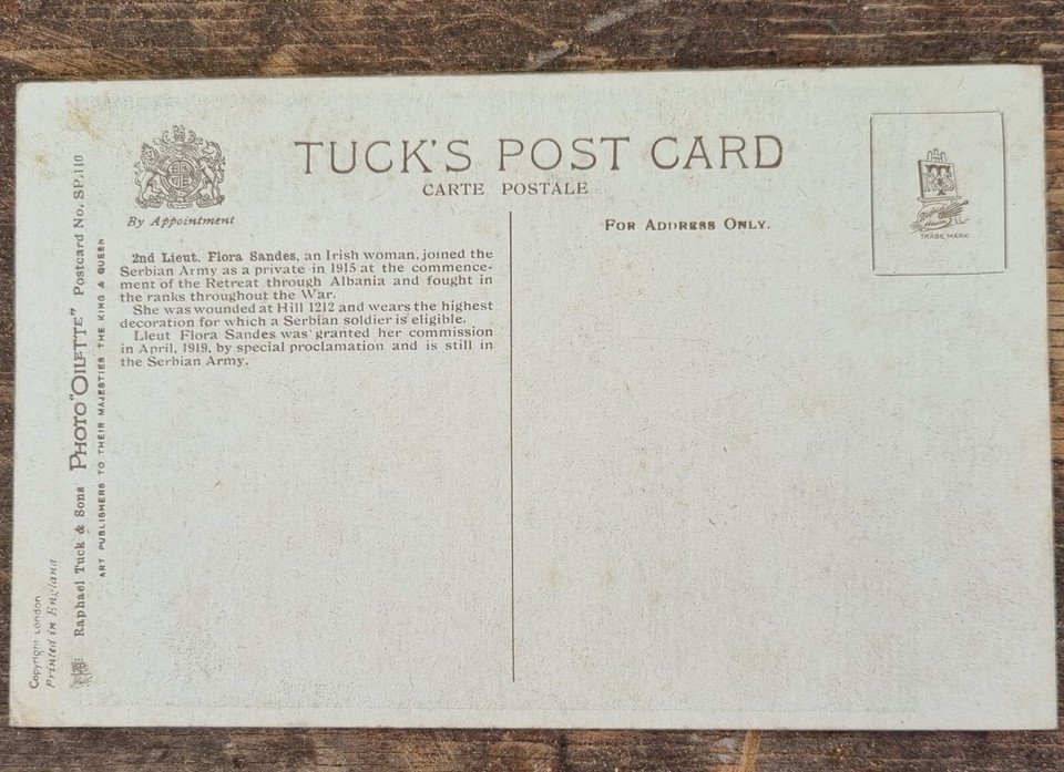 Serbian army WW1 enlisted woman 2nd Lieut. Flora Sandes, Tuck PC 1919 ...